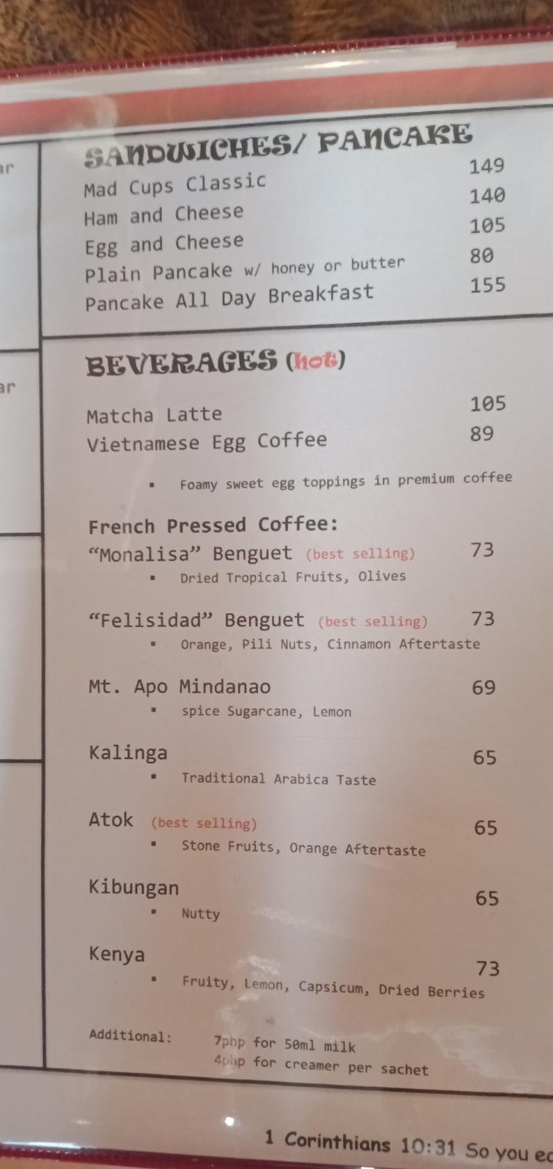Menu at Mad cafe, La Trinidad