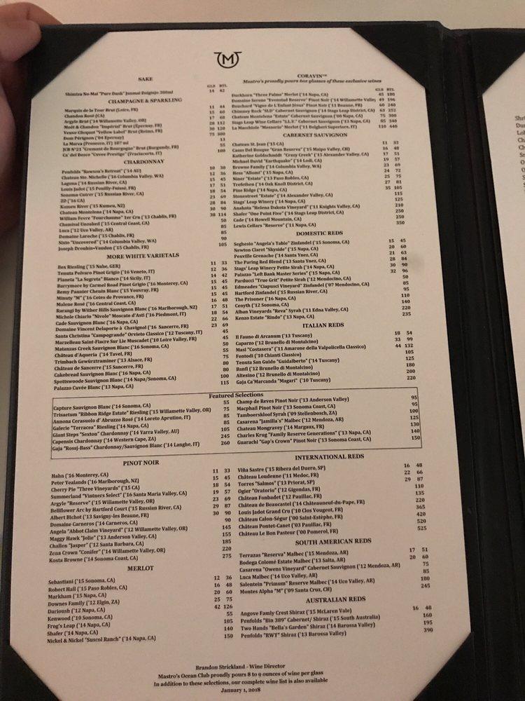 Menu at Mastro's Ocean Club, Las Vegas