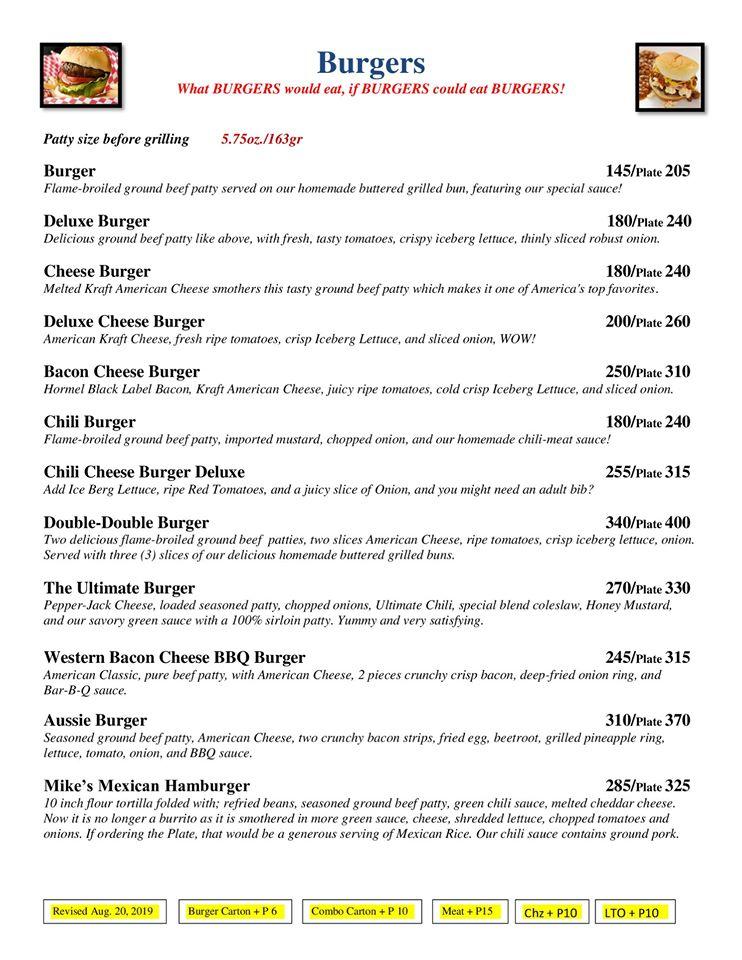 Menu at Mike's Burgers & Beer restaurant, San Carlos City