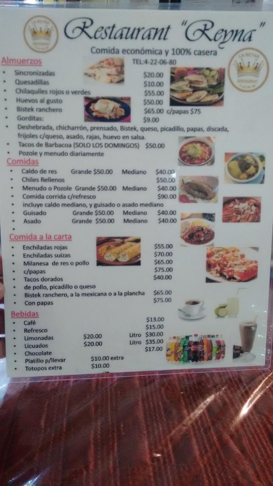 Carta de Restaurant La Reyna, Parras de la Fuente, Reforma 52