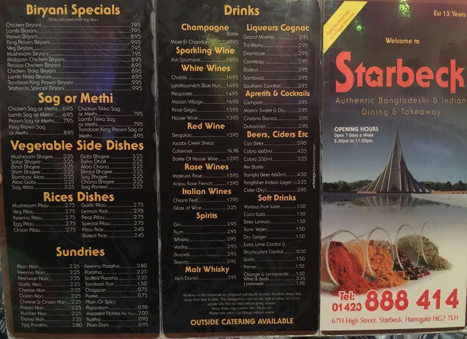 Menu at Starbeck Tandoori fast food, Harrogate