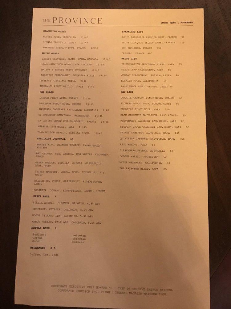 Menu at The Province pub & bar, San Jose