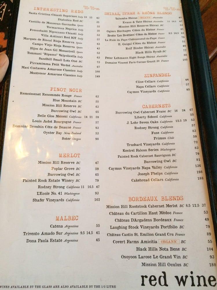 Menu at The Sandbar Seafood Restaurant, Vancouver