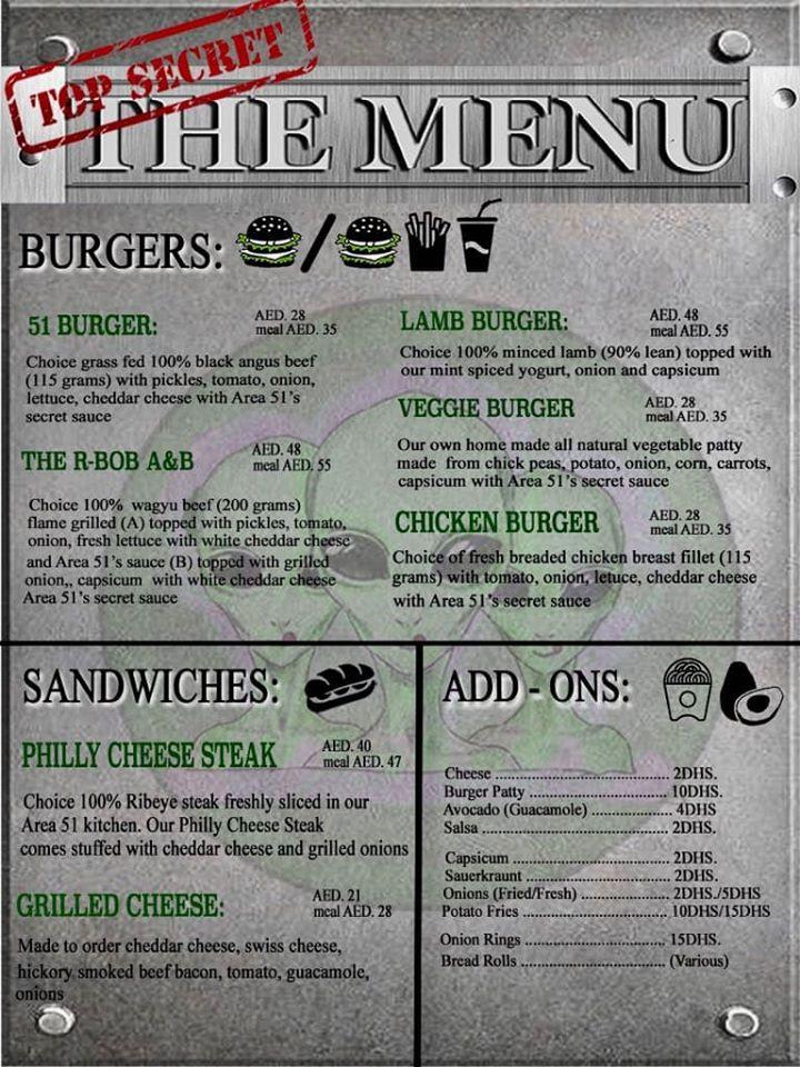 Carta de AREA 51 BURGER CAFE, Ras al-Jaima, Along Sheik Muhammad Bin ...