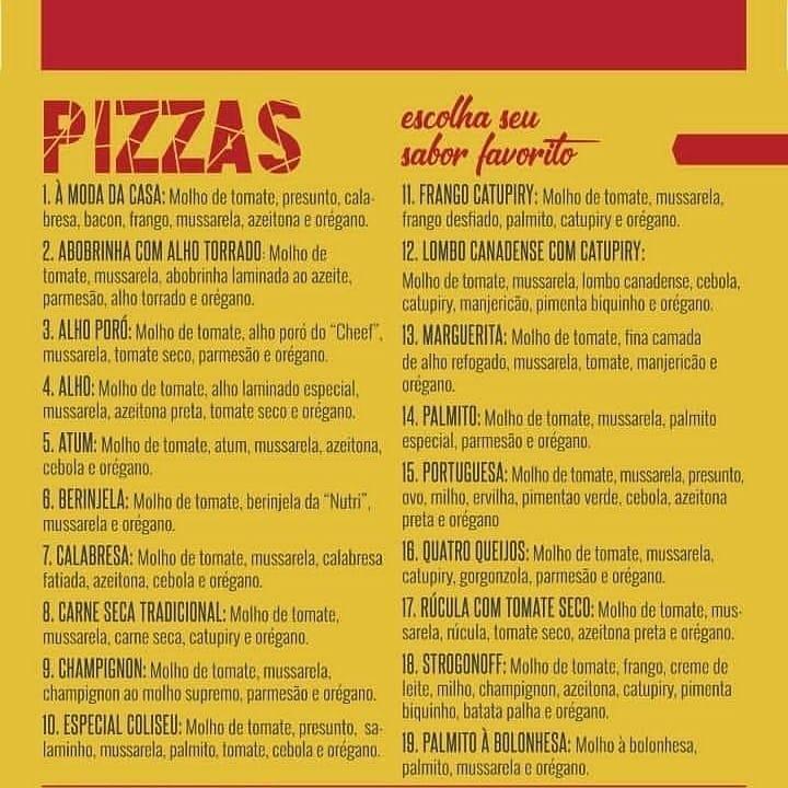 Carta de pizzería Coliseu Pizzas, Sete Lagoas