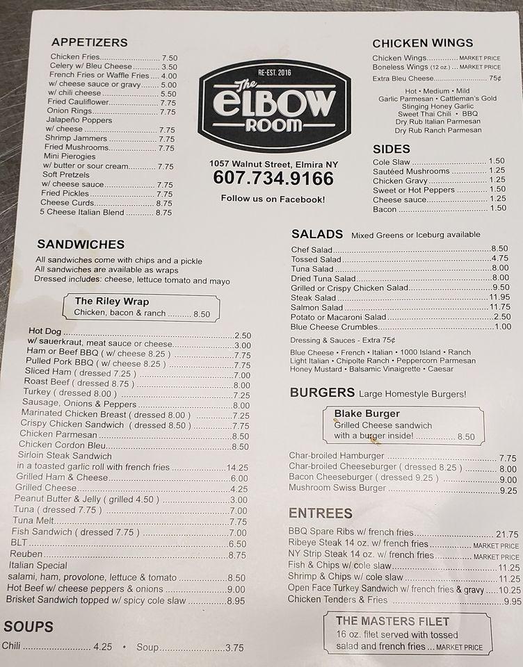 Carta del pub y bar Elbow Room, Elmira