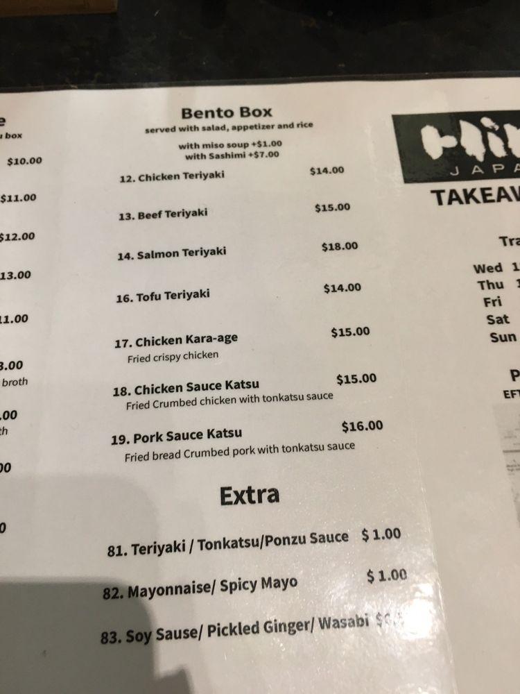 Menu at Hiro Japanese restaurant, Balcatta