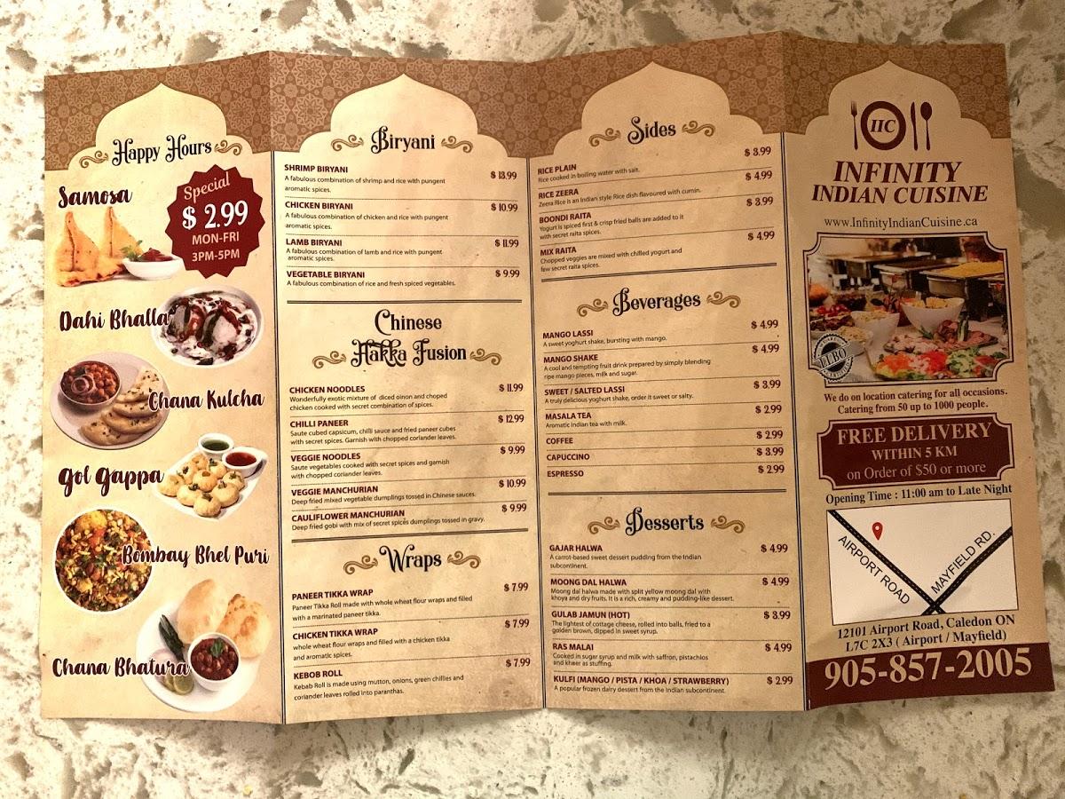 Menu at Infinity Indian Cuisine restaurant, Caledon