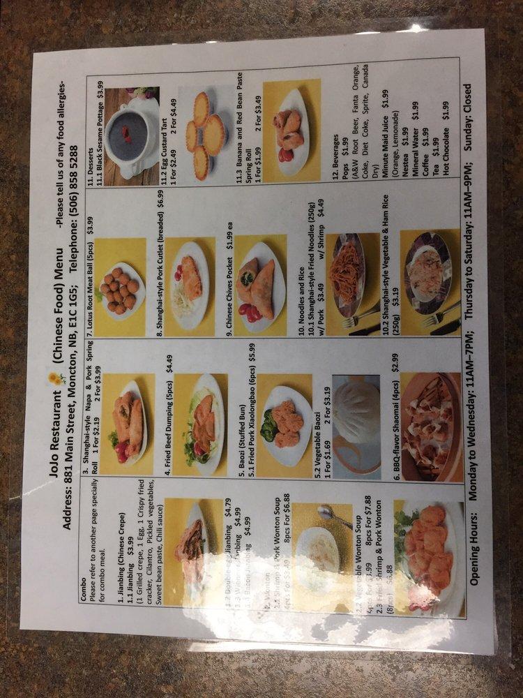 Menu at Jojo Restaurant, Moncton