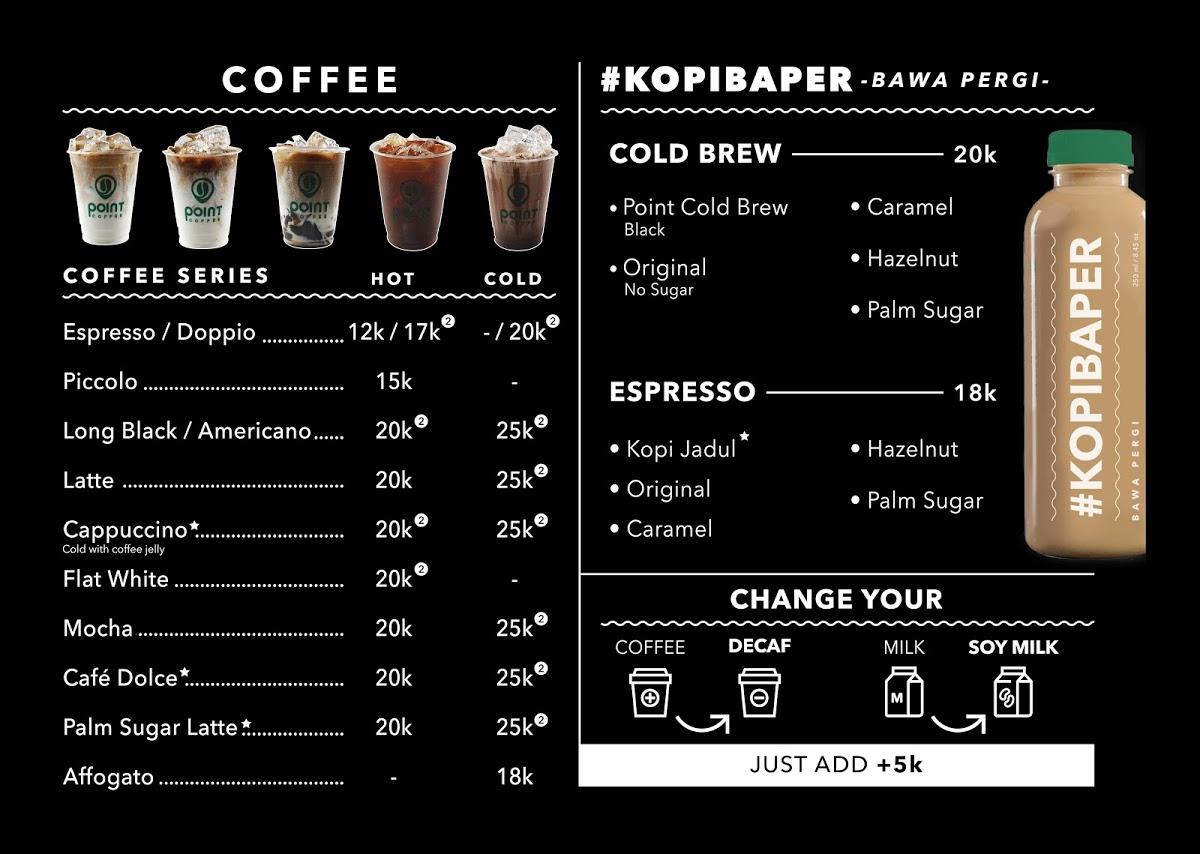 Menu at Point Coffee cafe, Bandung, stasiun bandung