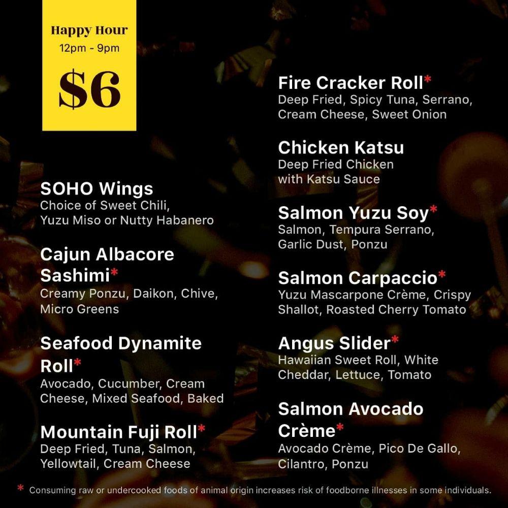 Menu at Soho Japanese Restaurant, Las Vegas