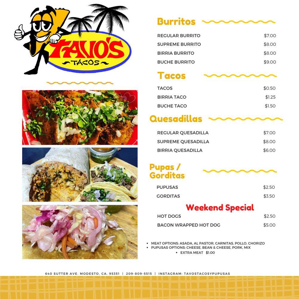 Menu at Tavo’s Tacos y Pupusas, Modesto