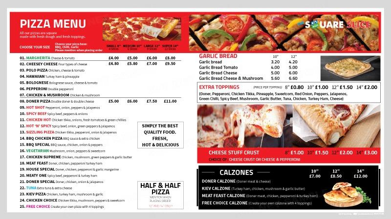 Carta de pizzería The Square Pizza Slice, Kingston Upon Hull