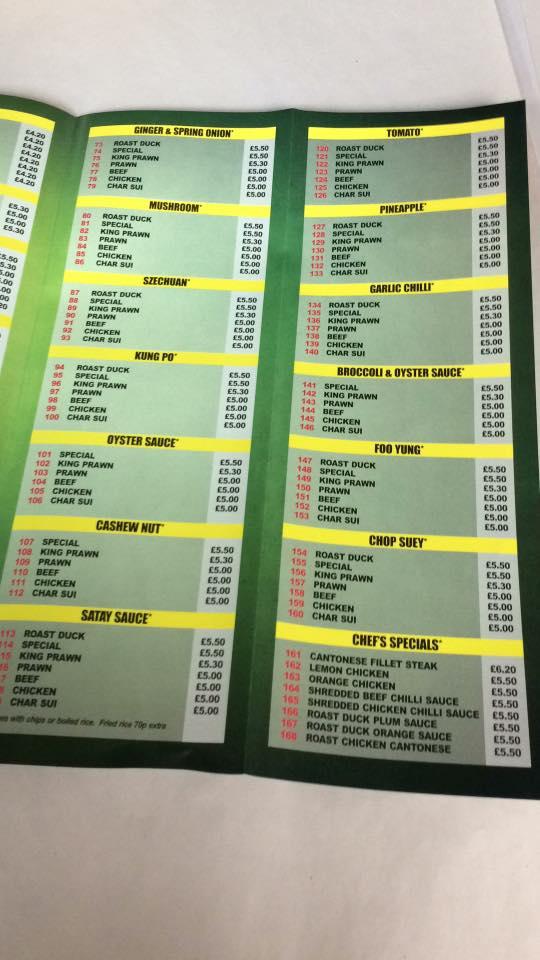 Menu at The Village Fryer fast food, Burtonwood