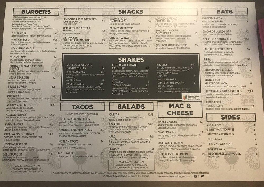 Menu at Central Standard Craft Beer & Burgers pub & bar, Waukee