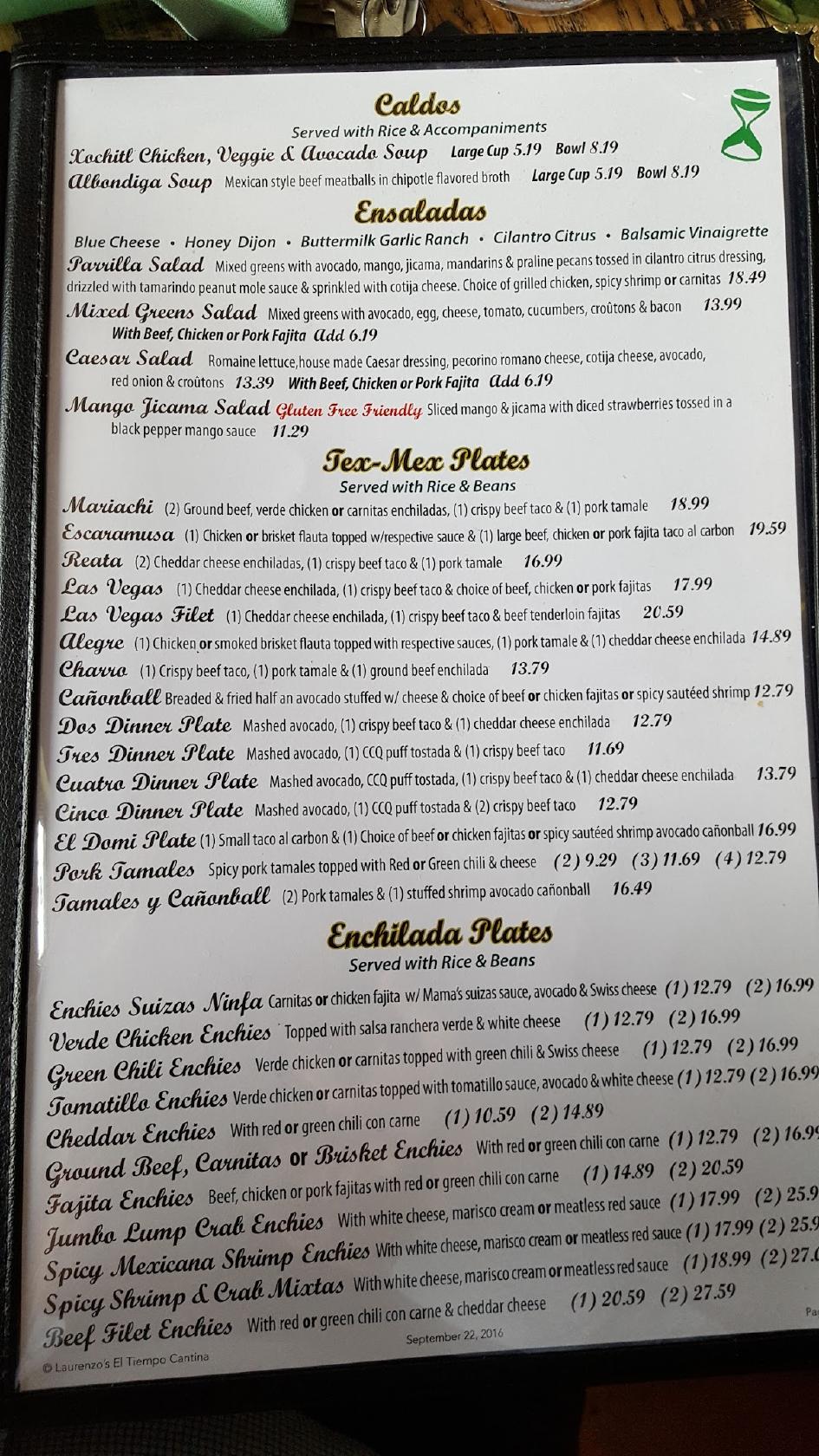 Menu at El Tiempo Cantina restaurant, Houston, 114 Vintage Park Blvd