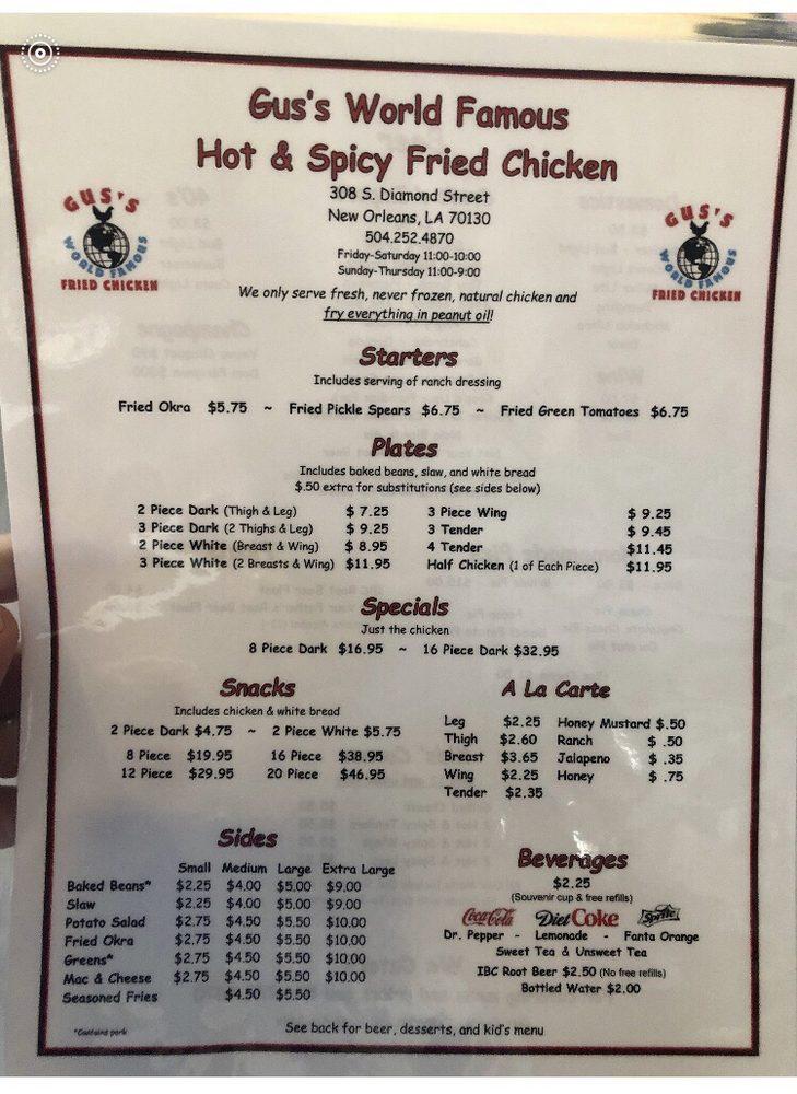 Menu at Gus’s World Famous Fried Chicken restaurant, New Orleans