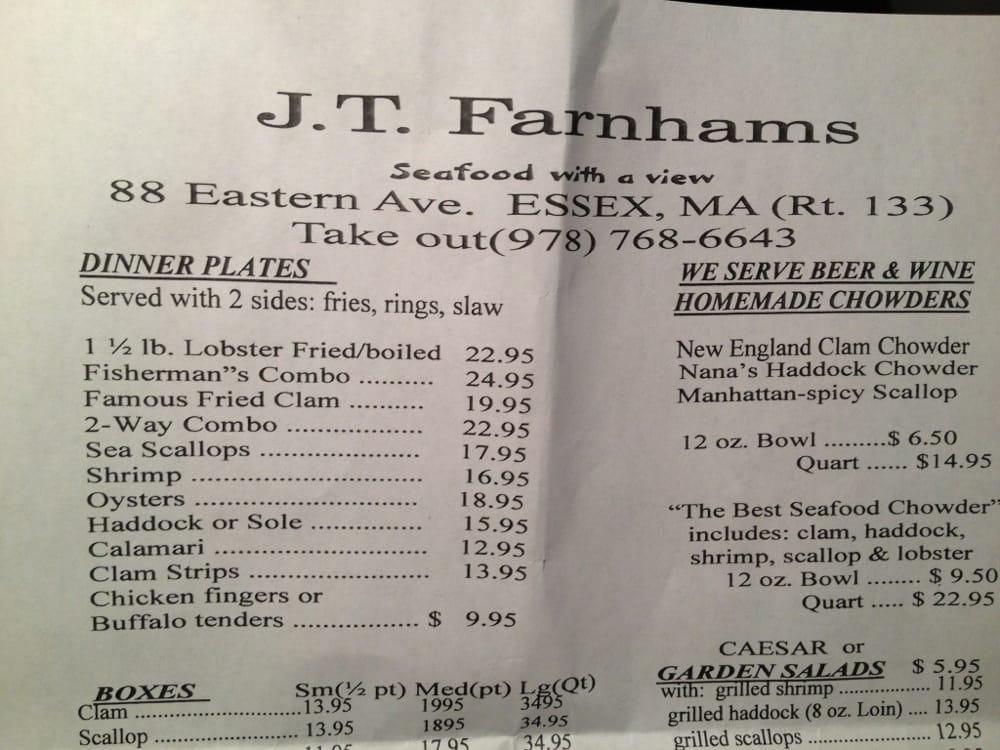 Menu at J.T. Farnham's restaurant, Essex