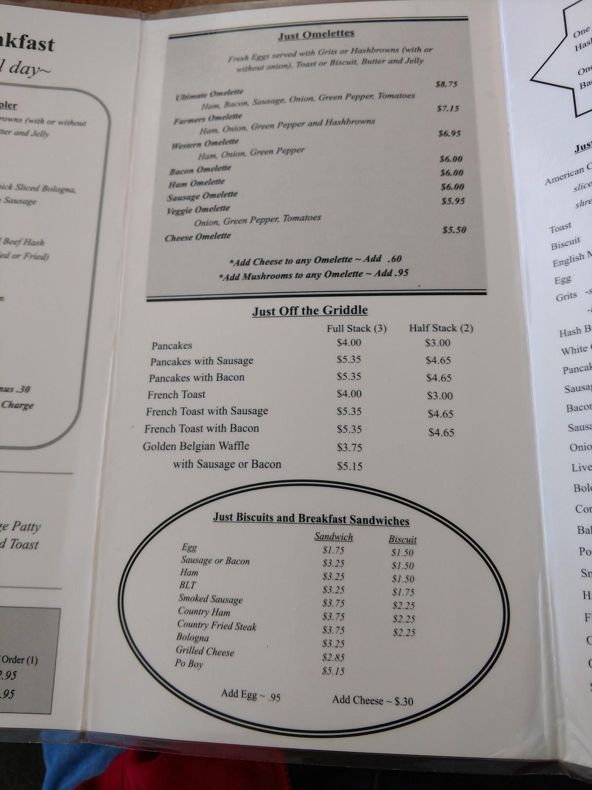 Menu at Just Us Cafe, Cayce
