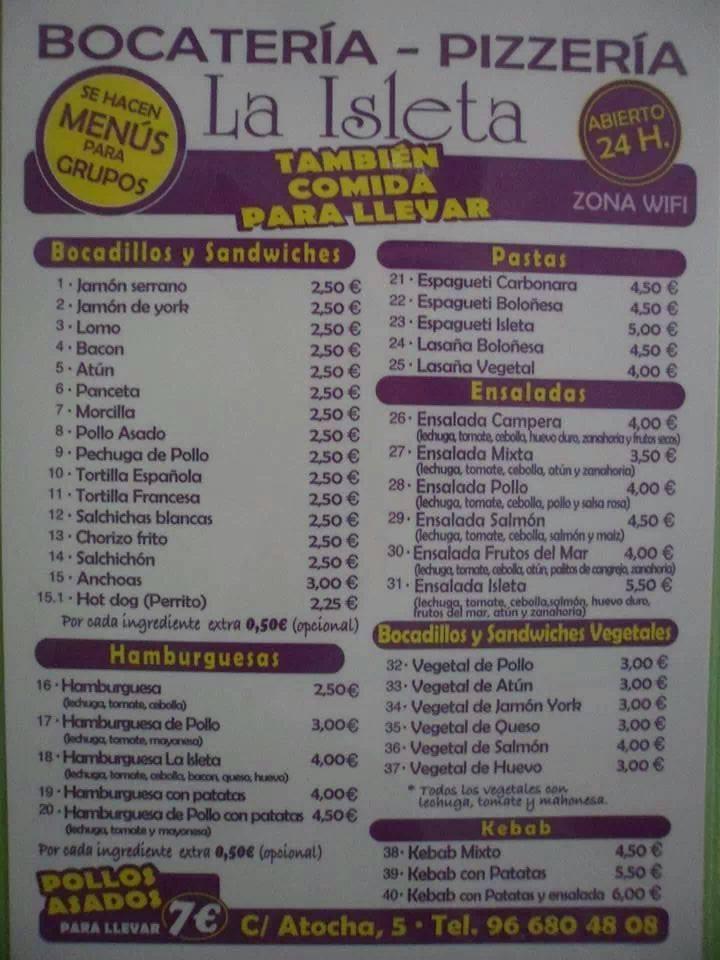 Carta de La Isleta pizzera kebab y restaurante, Benidorm