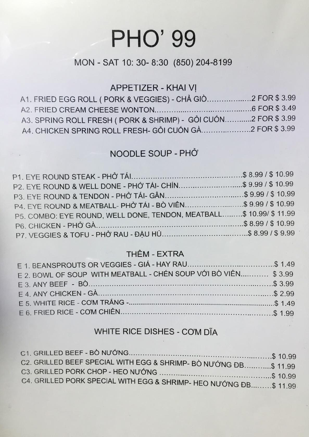 Menu at Phở 99 Vietnamese Restaurant, Navarre, Navarre Pkwy