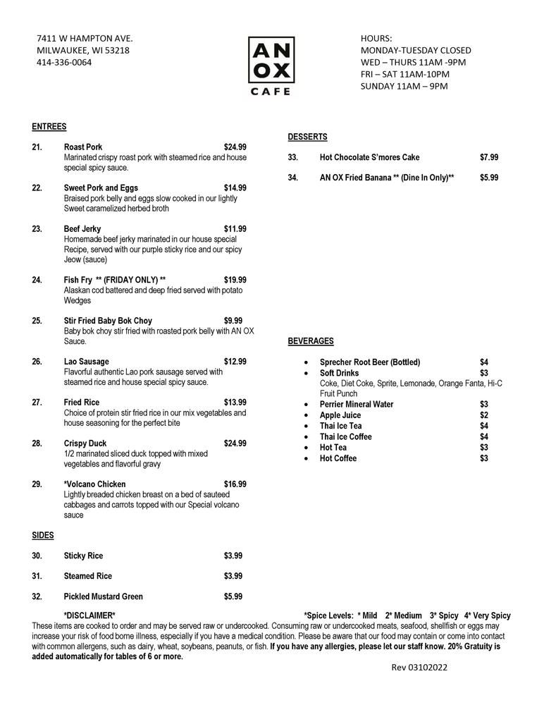 Menu at AN OX CAFE, Milwaukee