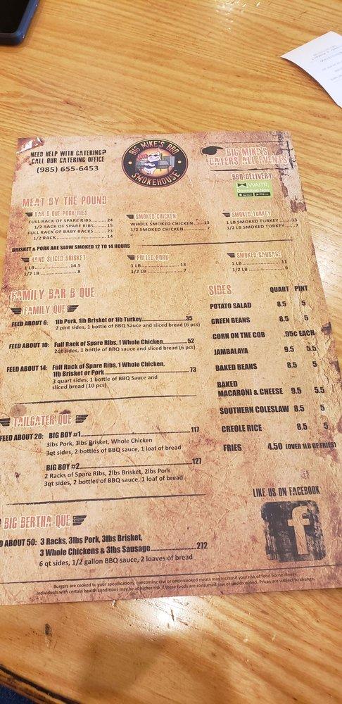 Menu at Big Mike's BBQ Smokehouse, Houma, Barrow St