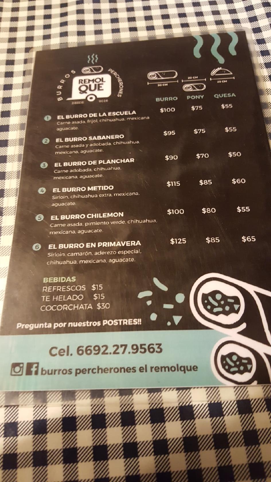 Menu at Burros Percherones El Remolque restaurant, Mazatlán