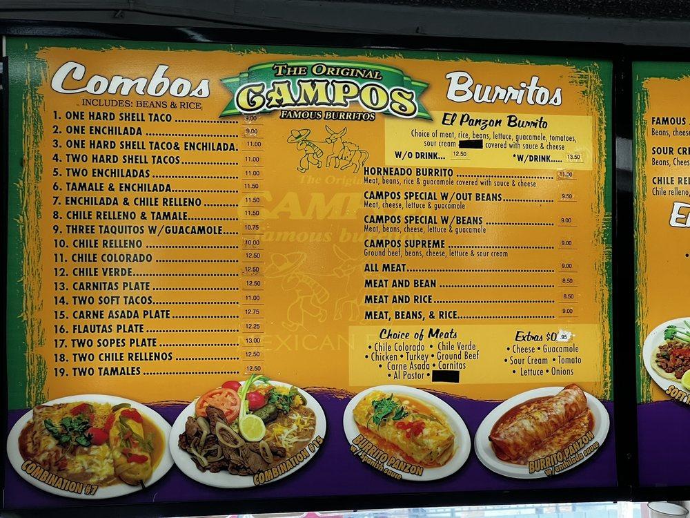 Menu at Campos Famous Burritos restaurant, Santa Monica, Pico Blvd