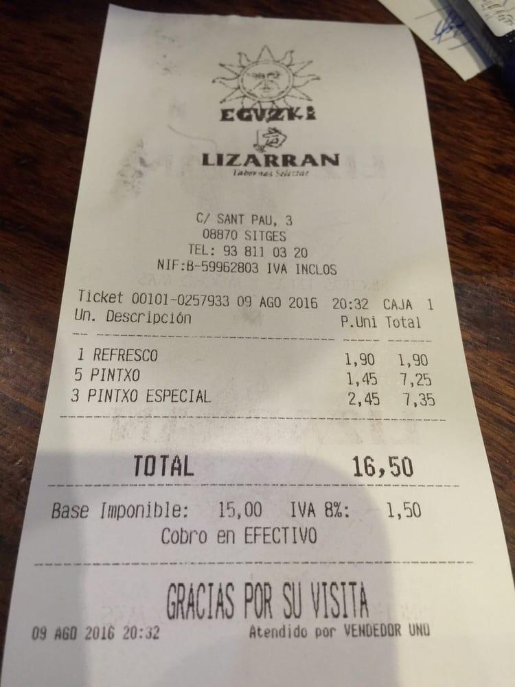 Carta del restaurante Lizarran - Eguzki, Sitges