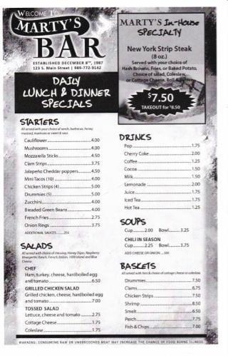 Menu at Marty's Bar, Mount Pleasant