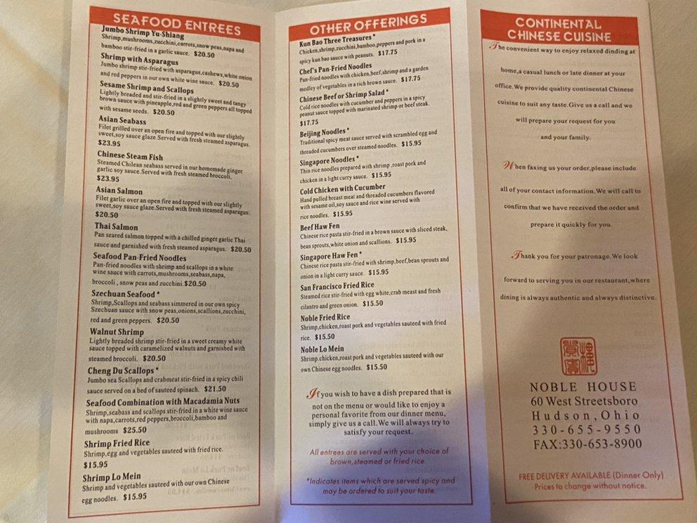 Menu at Noble House restaurant, Hudson