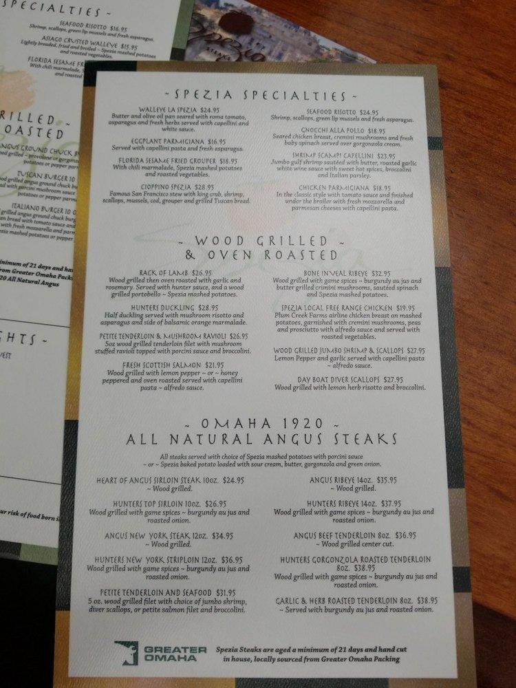 Menu at Spezia Omaha restaurant, Omaha