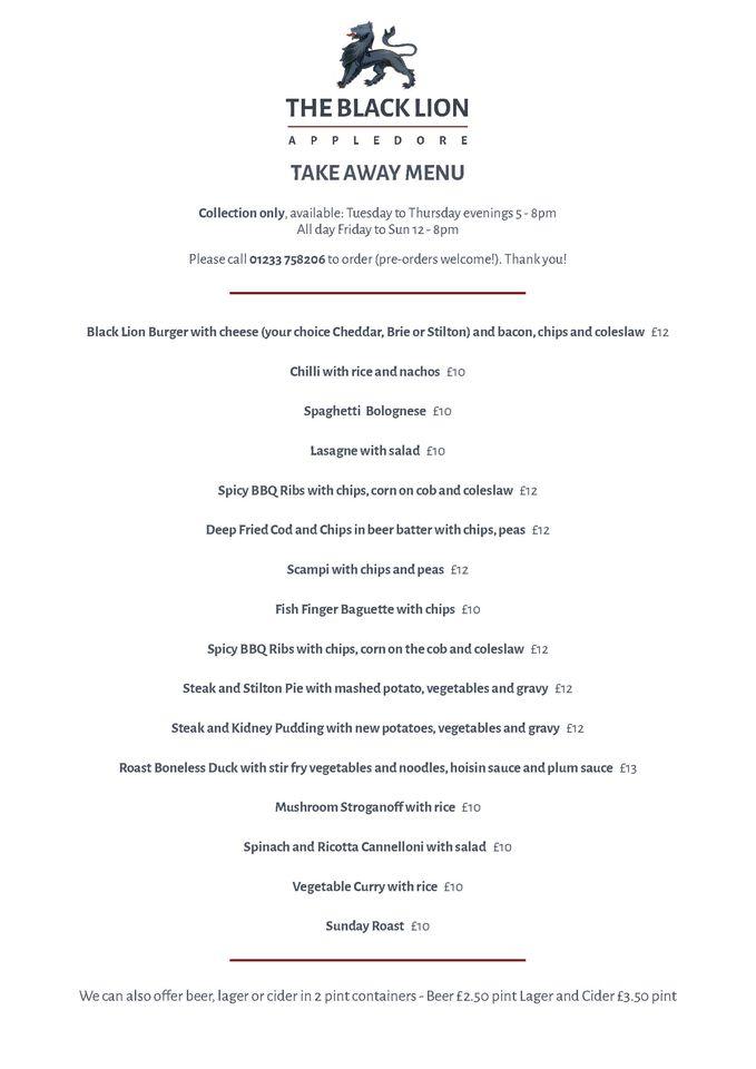 Menu at The Black Lion pub & bar, Appledore
