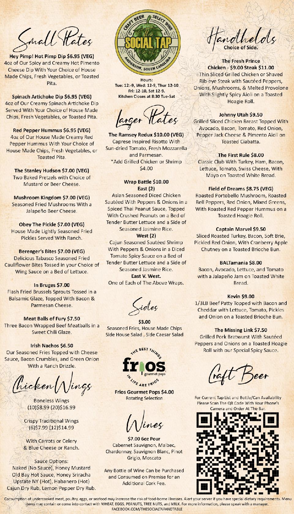 Menu at The Social Tap and Table pub & bar, Anderson