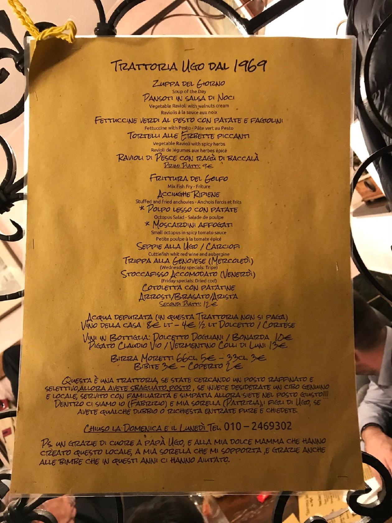 Menu da TrattoriaUgo ristorante, Genova, Via dei Giustiniani