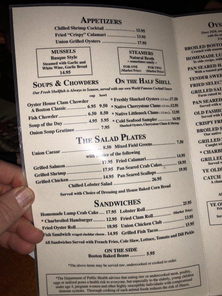 Menu at Union Oyster House restaurant, Boston