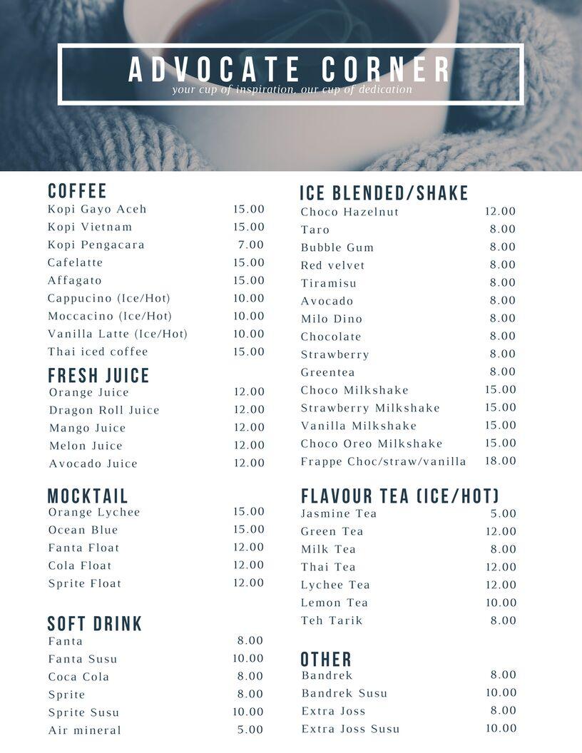 Menu at ADVOCATE Corner cafe, Palembang