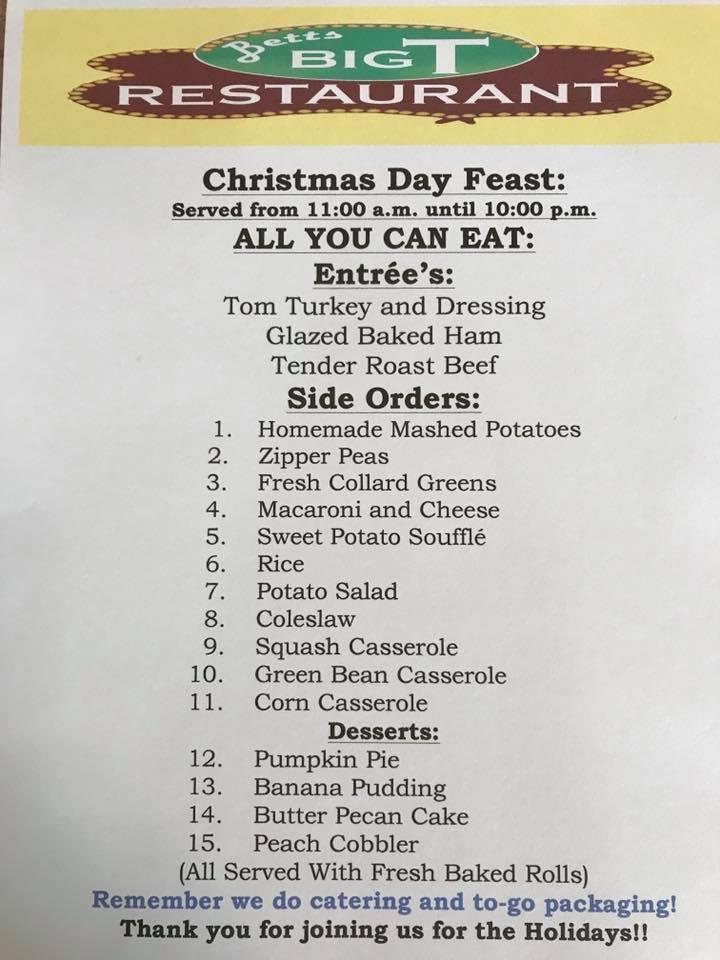 Menu at Bett's Big T Restaurant, Chiefland