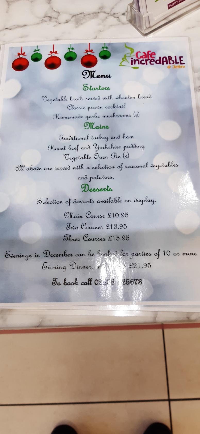 Menu at Cafe IncredABLE @ Jethro, Lurgan