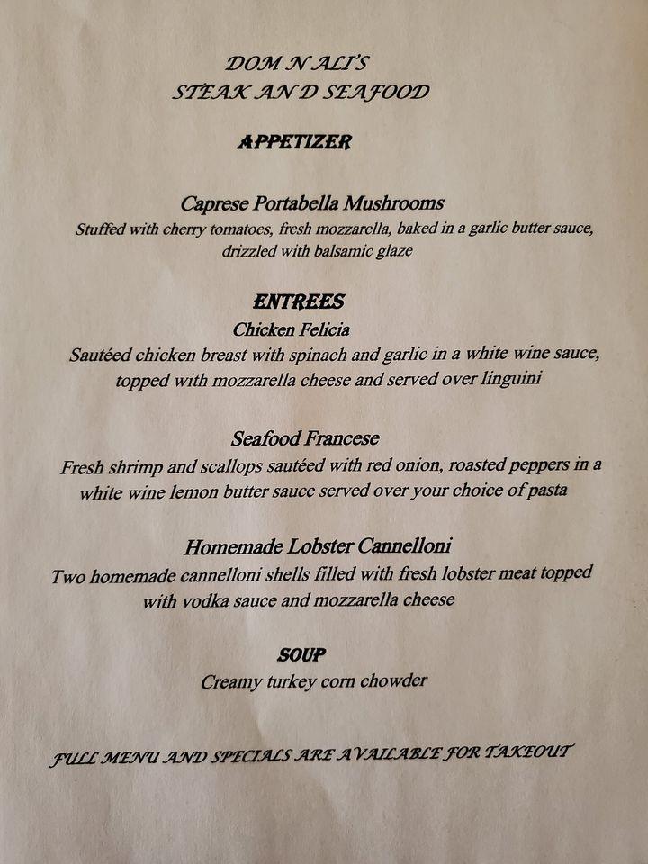 Menu at Dom N Ali steakhouse, Jim Thorpe