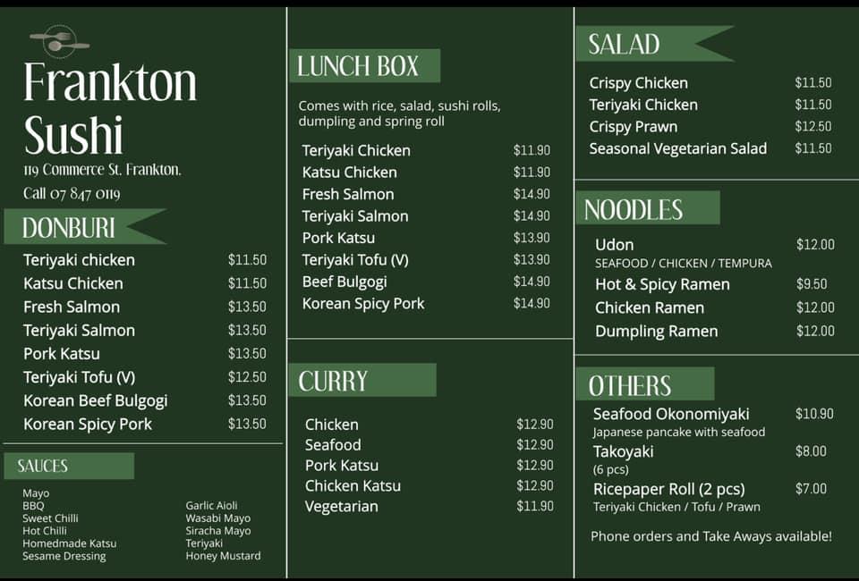 Menu at Frankton Sushi restaurant, Hamilton