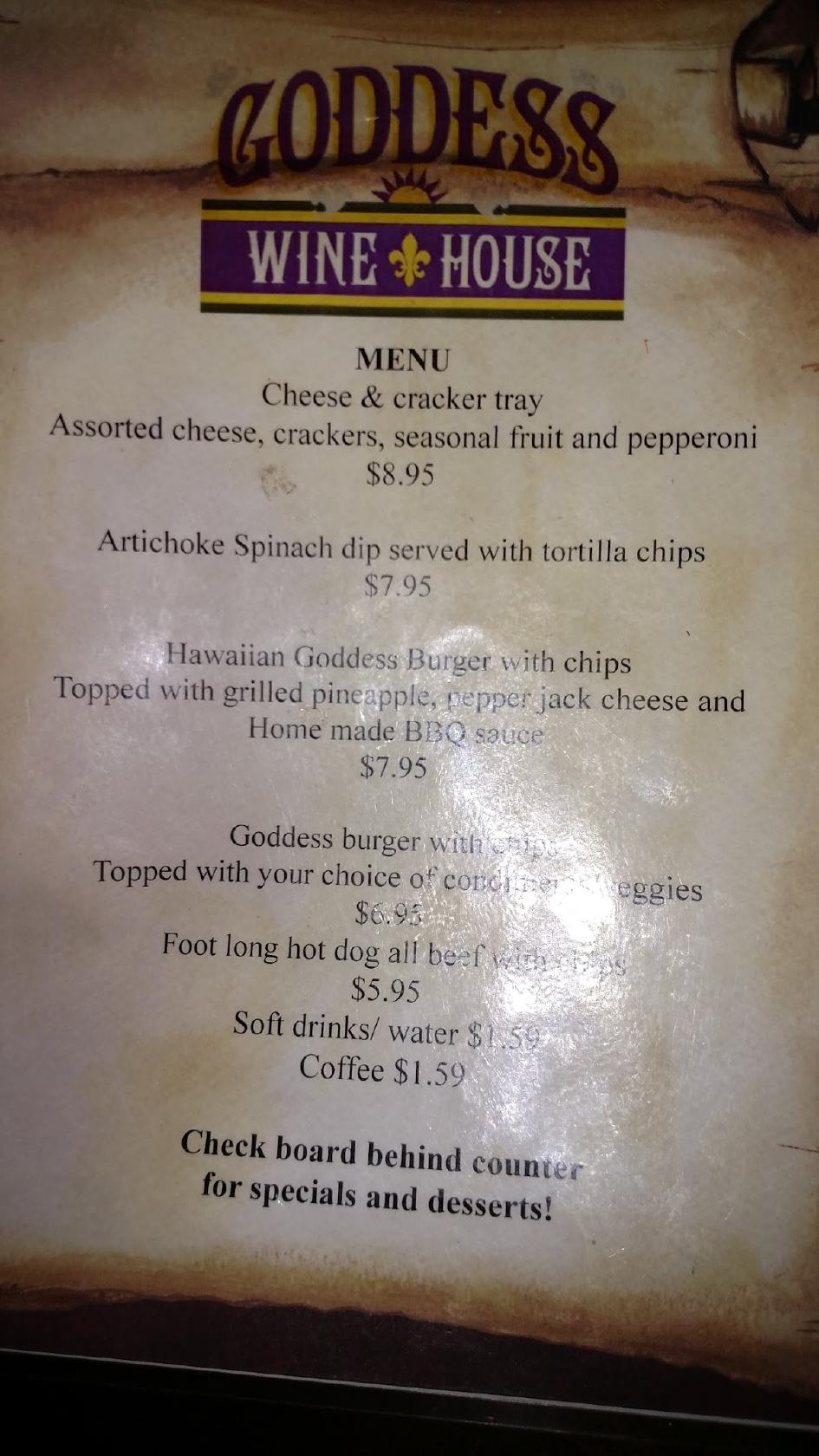 Menu at Goddess Wine House pub & bar, Ashtabula
