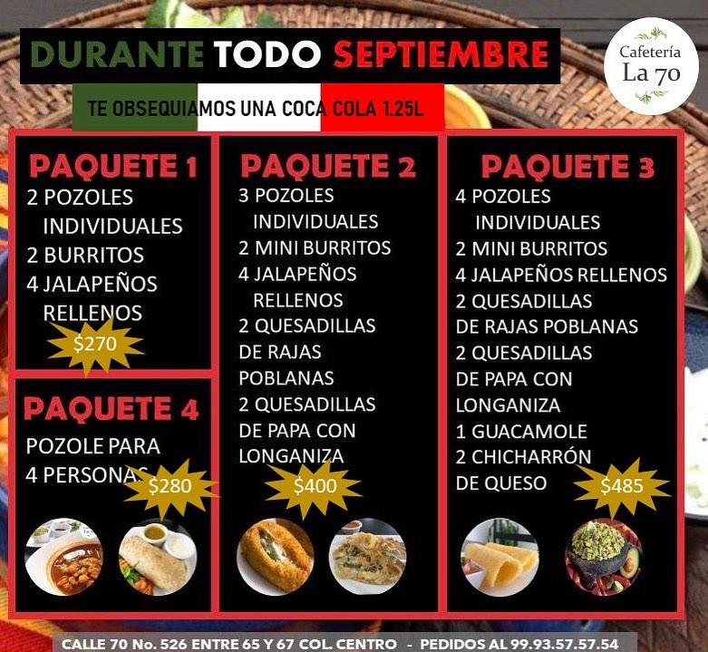 Menu at La 70 restaurant, Merida