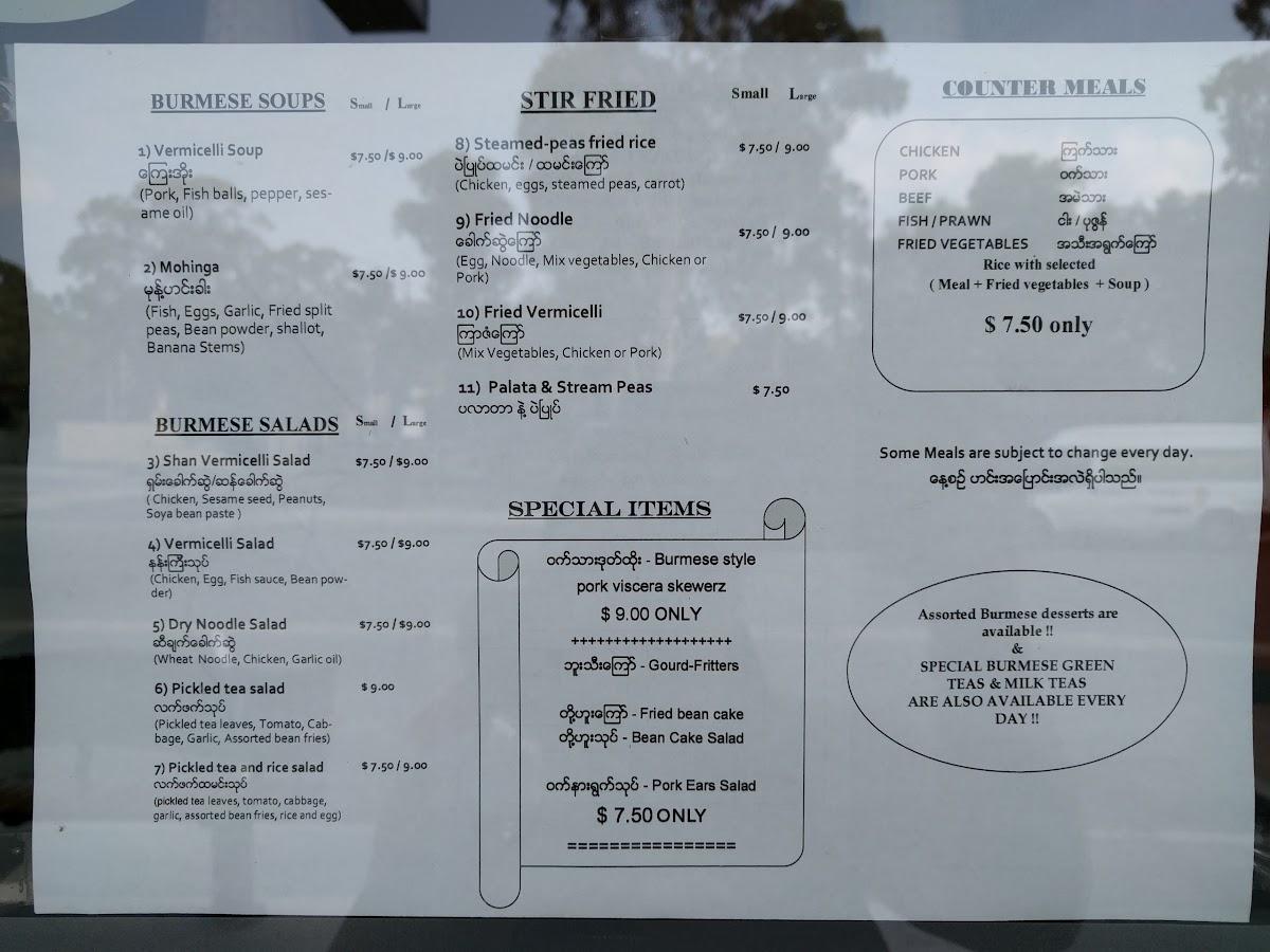 Menu at Little Burma Takeaway fast food, Mooroolbark