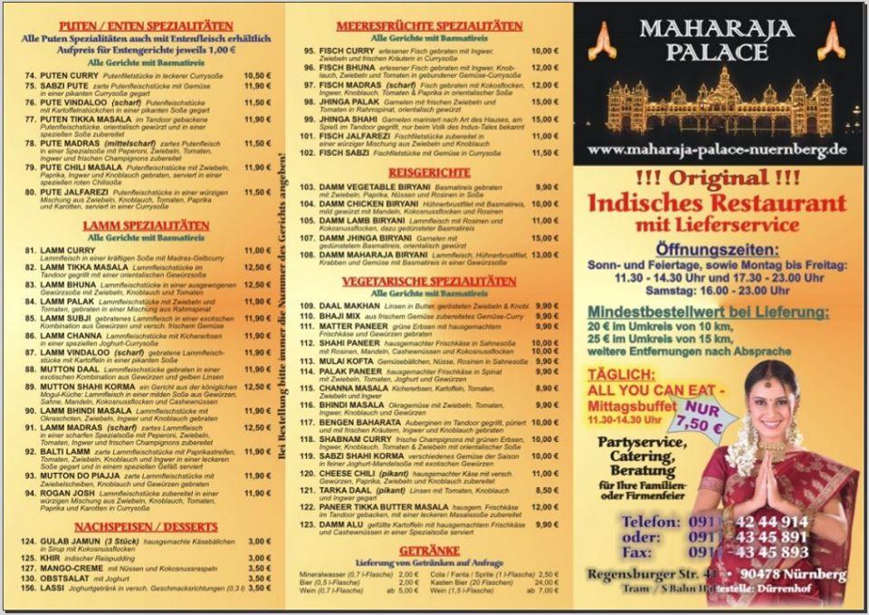 Menu at MAHARAJA PALACE Indisches Spezialitätenrestaurant, Nuremberg