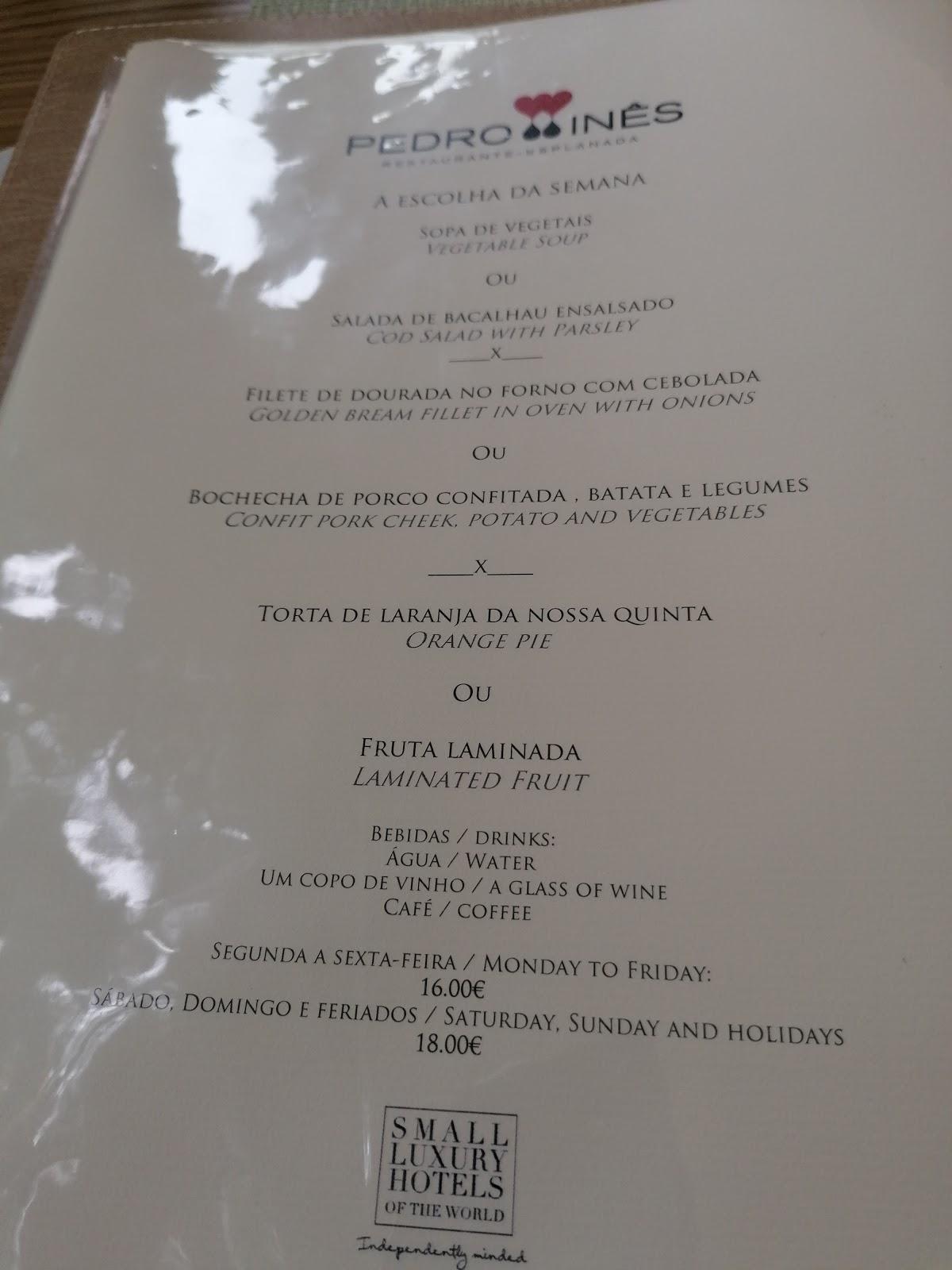 Menu at Pedro & Inês restaurant, Coimbra, R. Emile Planchard