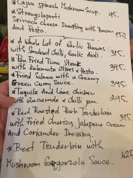Menu at Red Snapper restaurant, Ko Lanta Yai