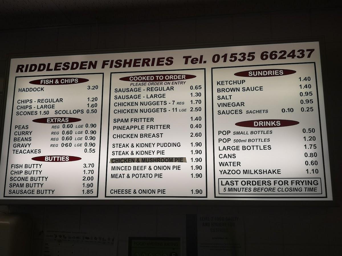 Menu at Riddlesden Fisheries fast food, Keighley