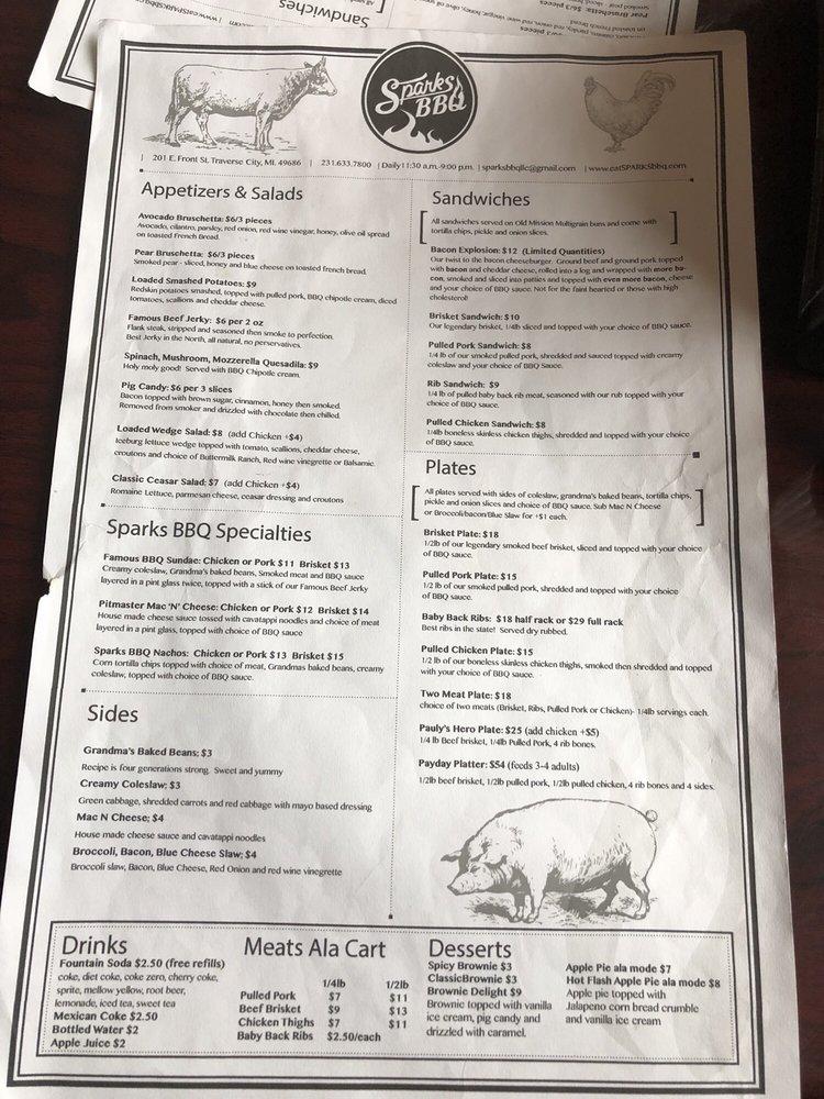 Menu at Sparks BBQ, Traverse City, 201 E Front St